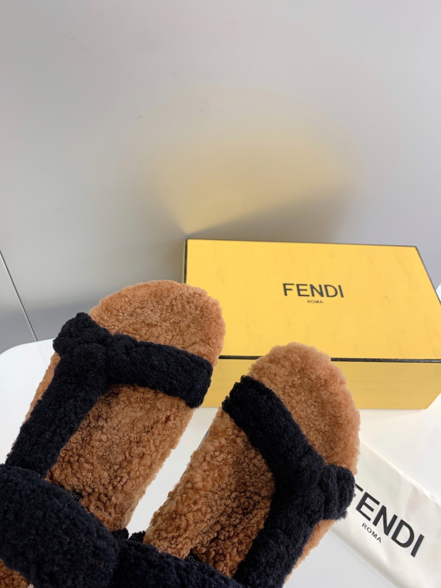 Fendi First Shearling Sandal Black For Women - CENBAGS