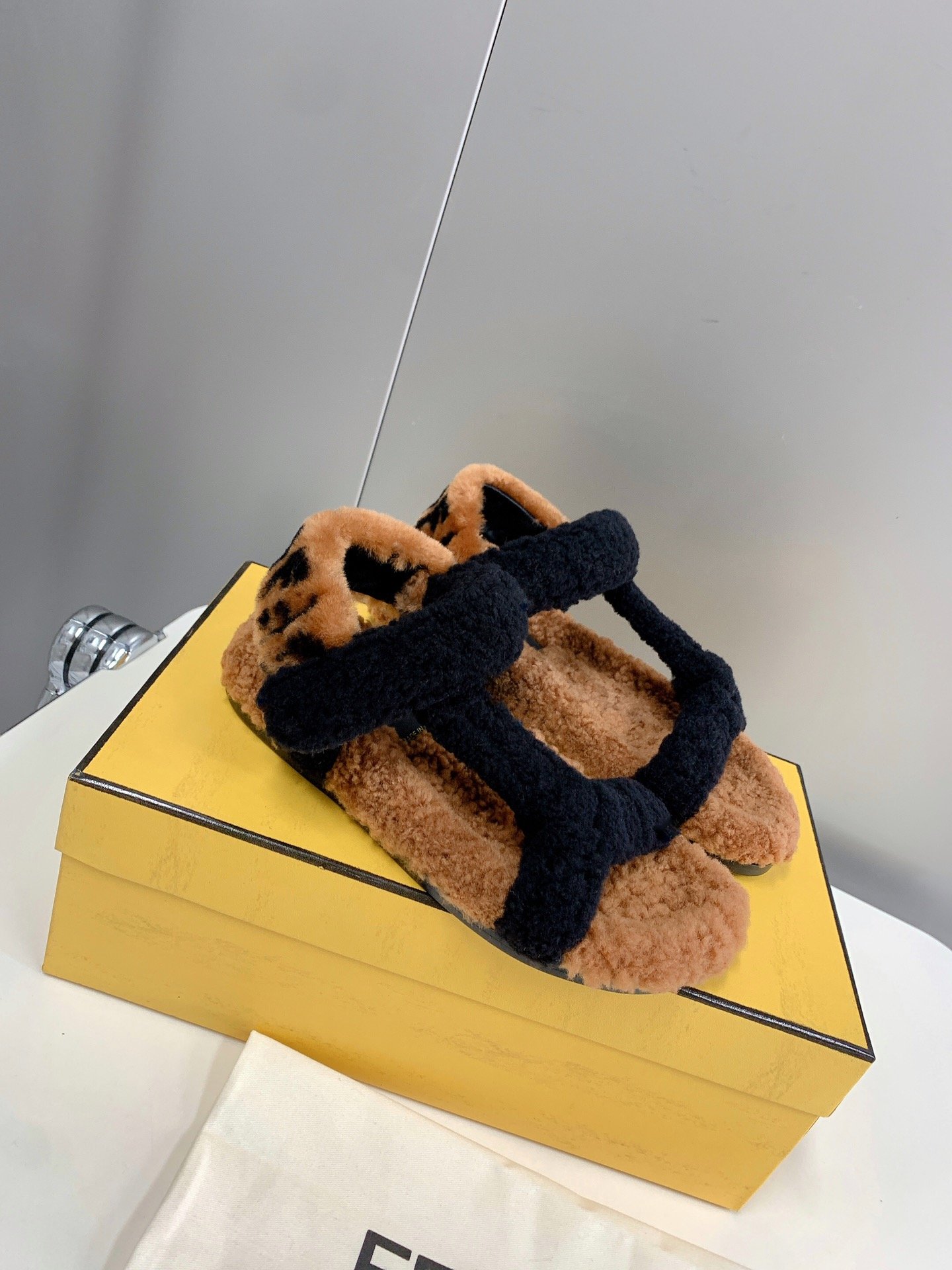 Fendi First Shearling Sandal Black For Women - CENBAGS