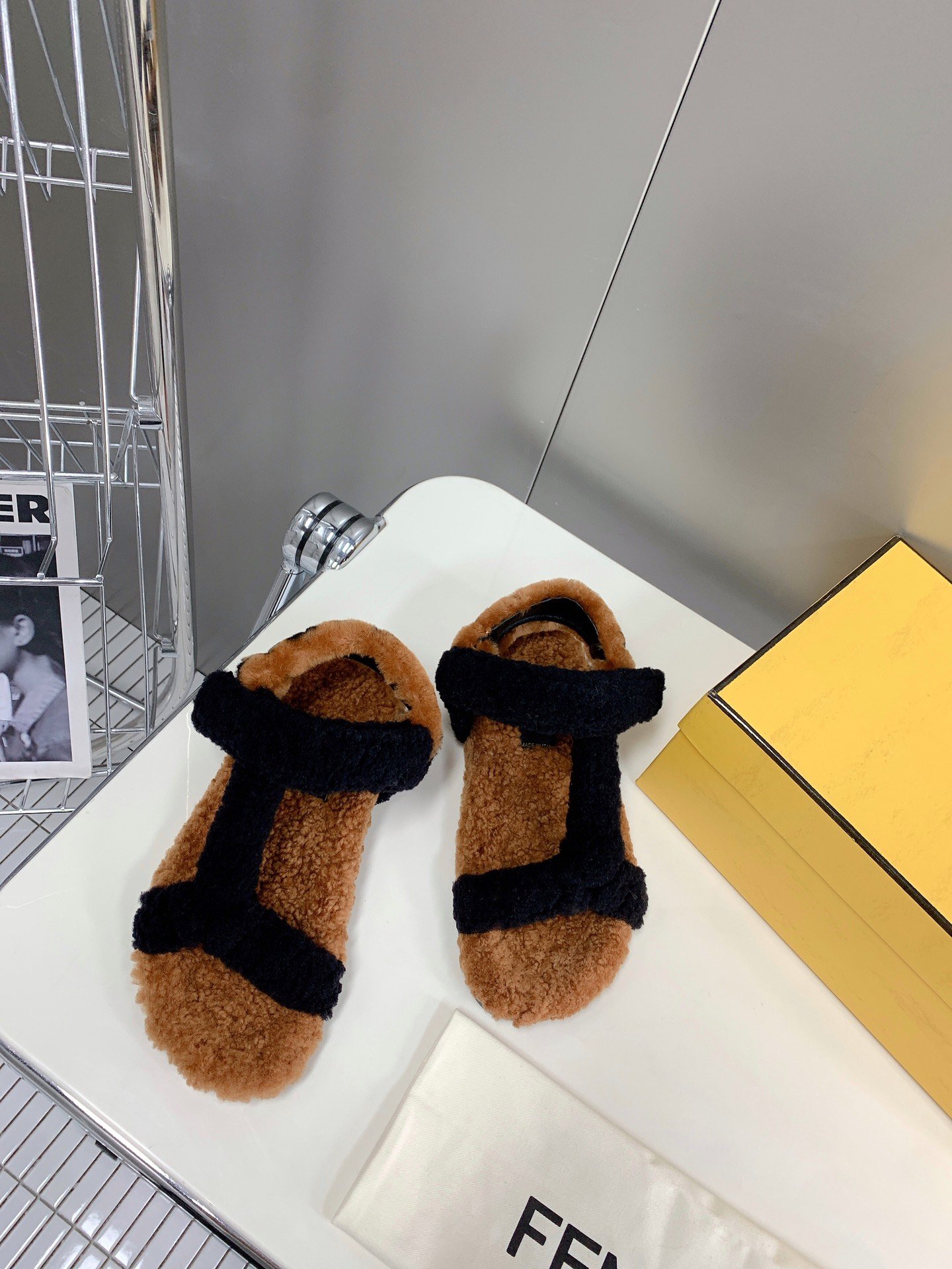 Fendi First Shearling Sandal Black For Women - CENBAGS