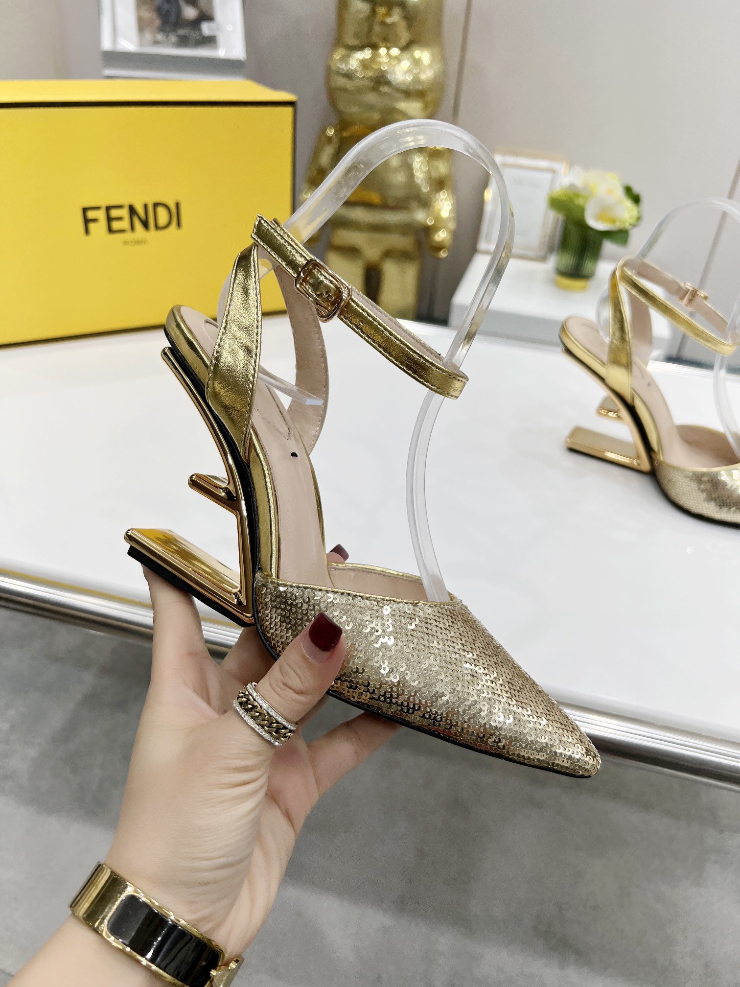 Fendi First Gold Glitter High-Heeled Slingbacks For Women - CENBAGS