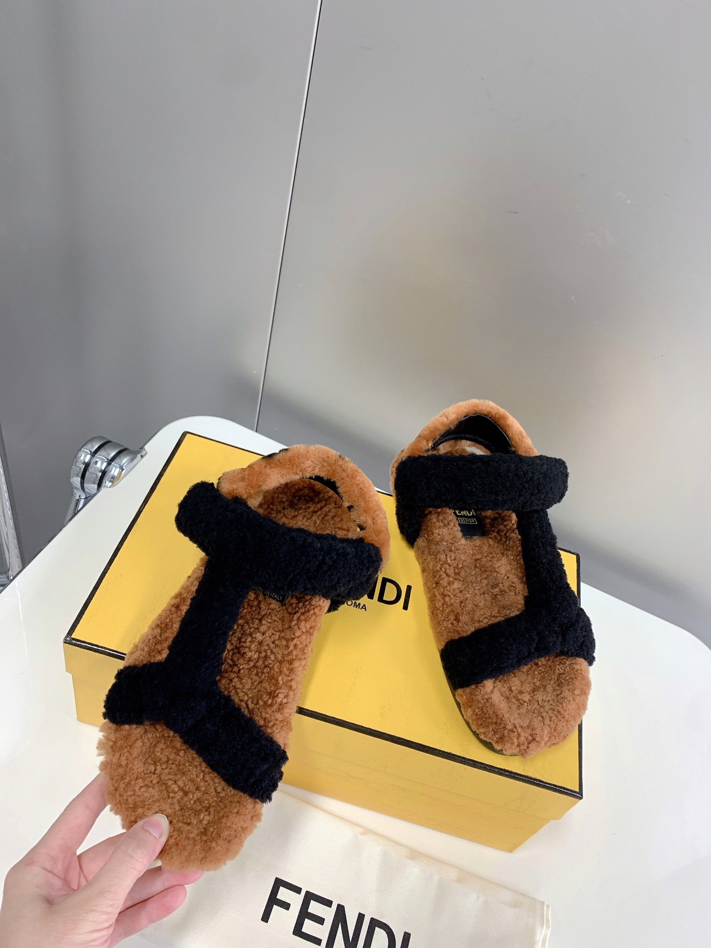 Fendi First Shearling Sandal Black For Women - CENBAGS